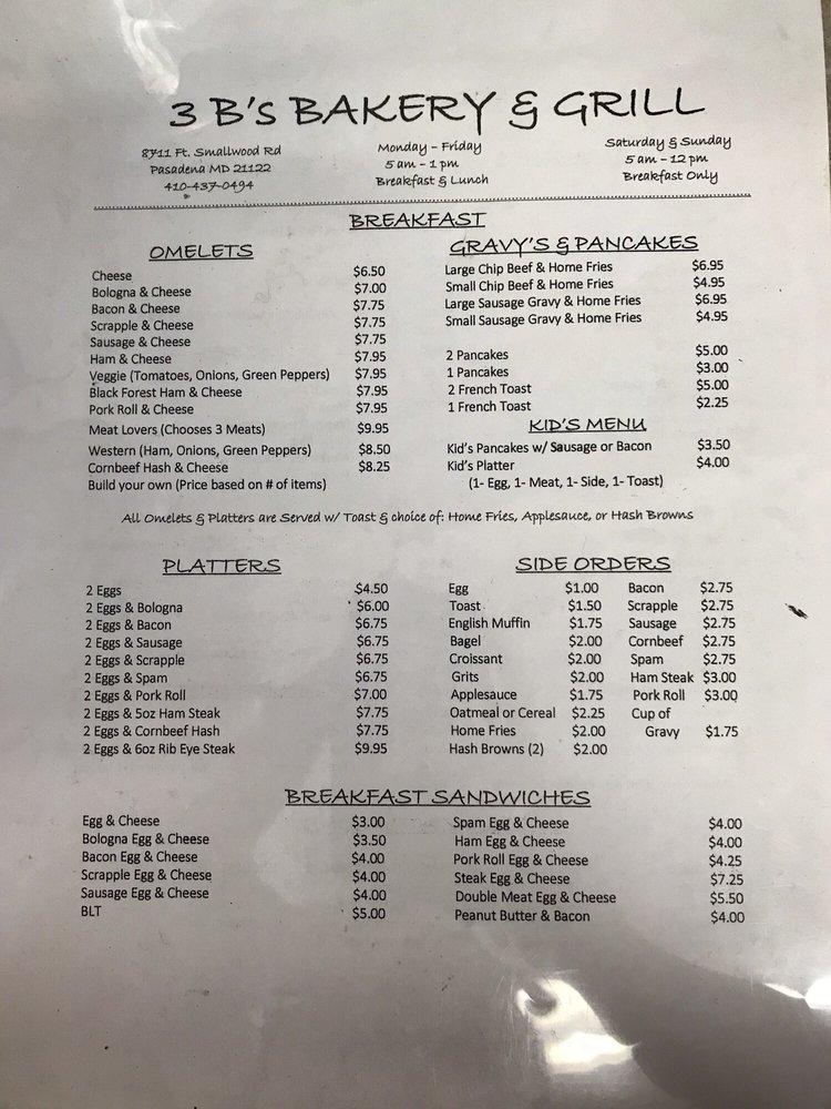 Menu at Three B's Bakery & Grill, Pasadena