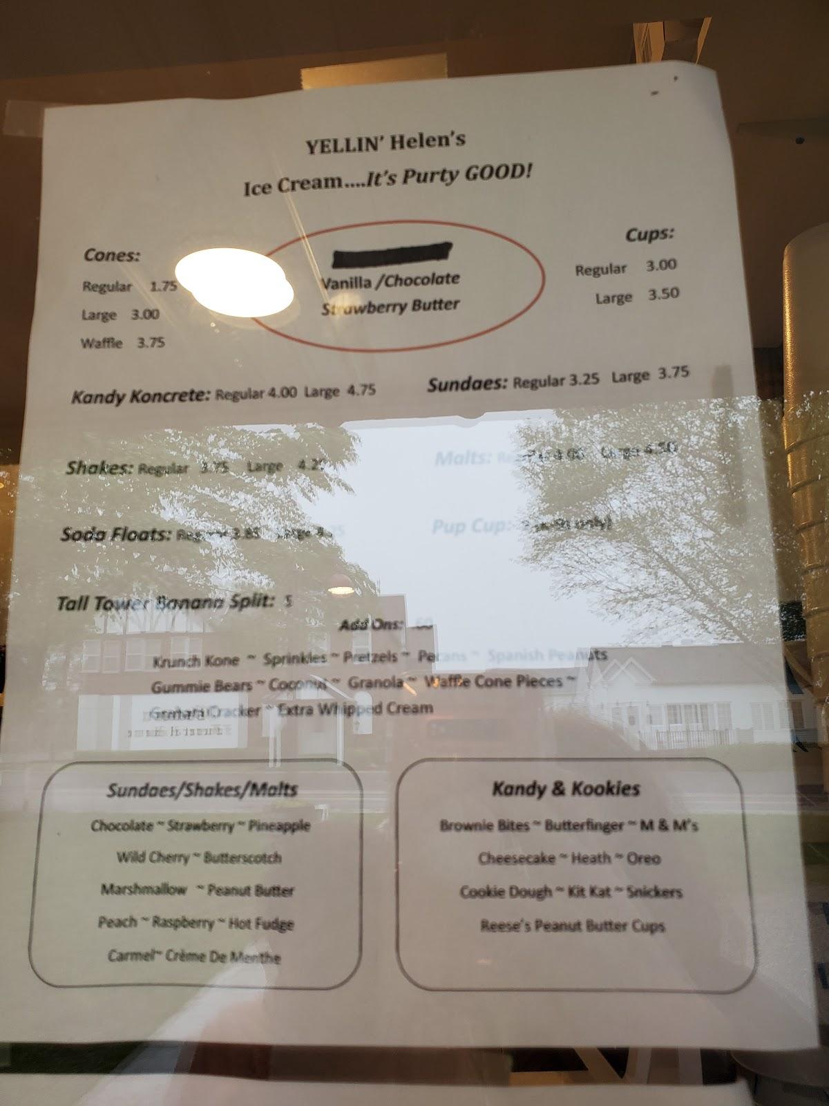 Menu at Yellin' Helen's cafe, Dix