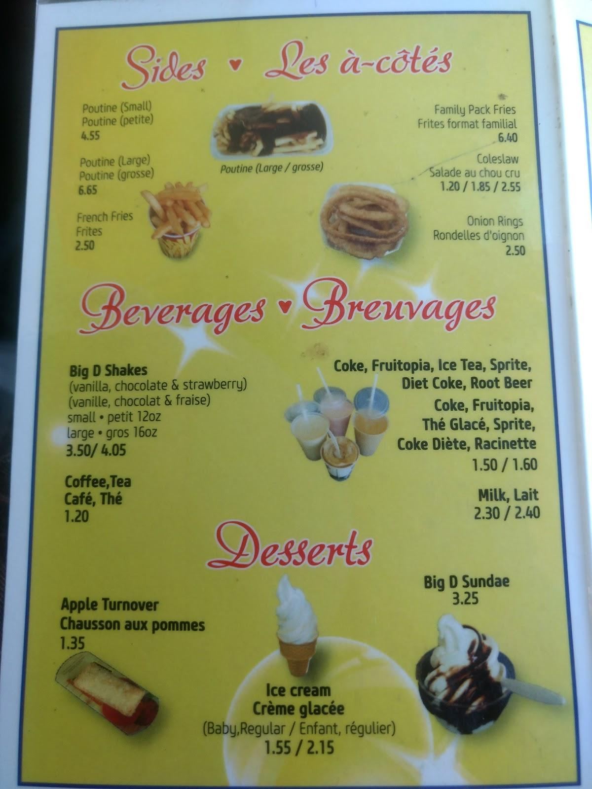 Menu at Big D Drive-in restaurant, Bathurst