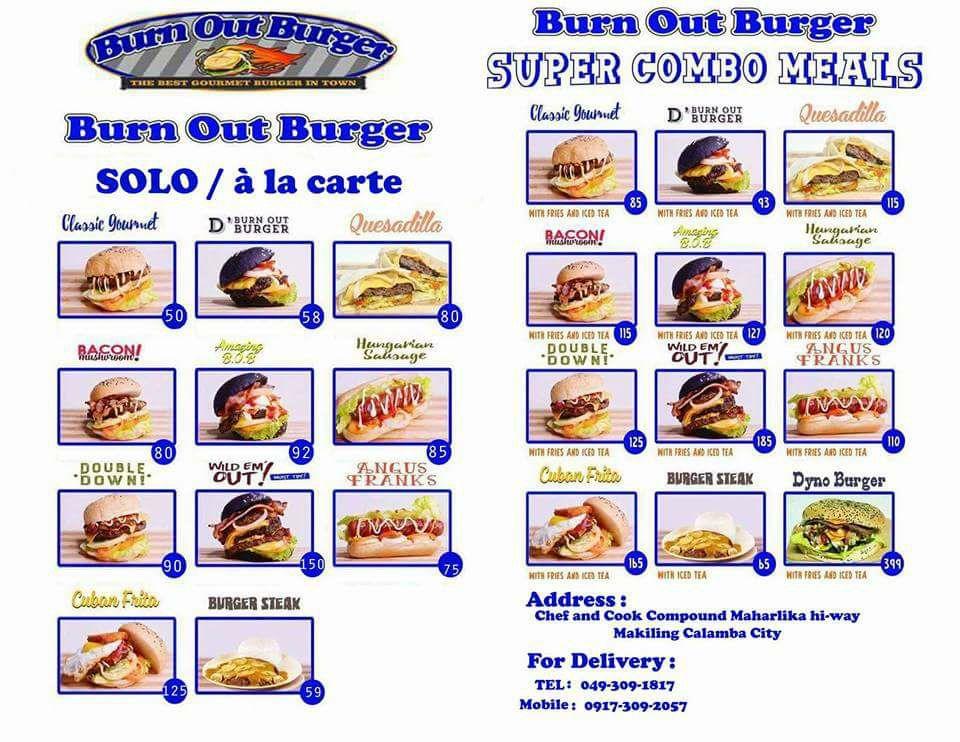 Menu at Burn Out Burger - Makiling restaurant, Calamba, Chef's and Cooks