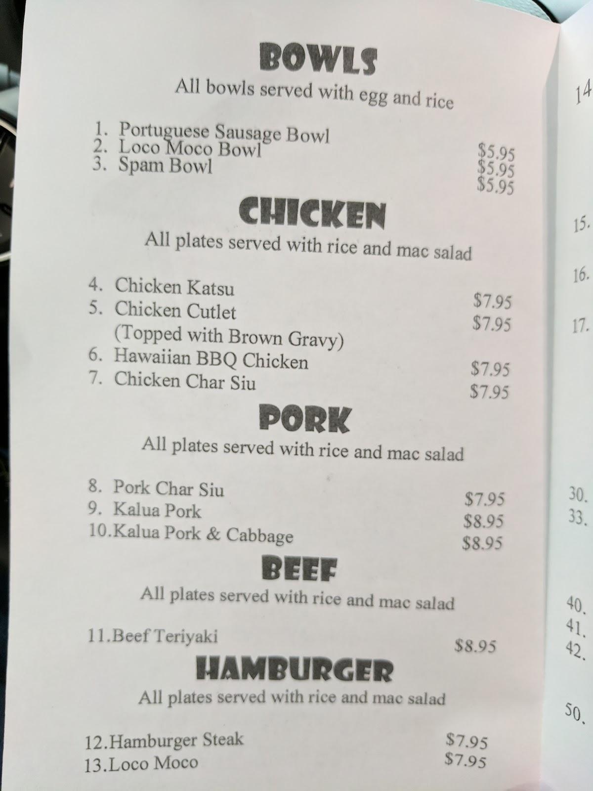 Menu at Island Hut restaurant, Bremerton
