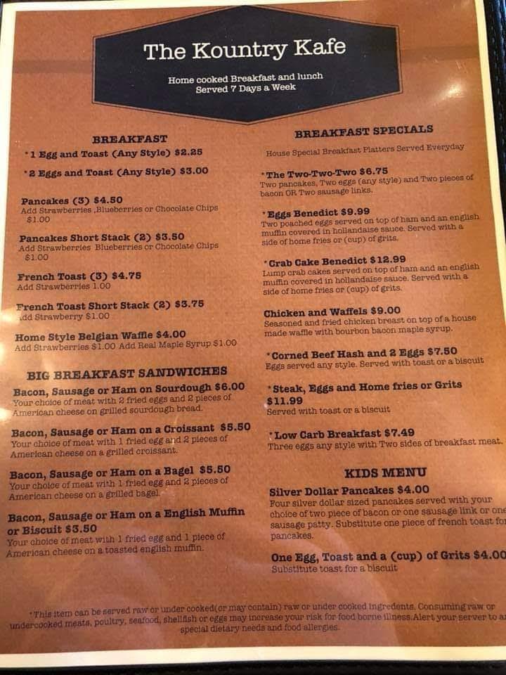 Menu at Kountry Kafe cafe, Vidalia
