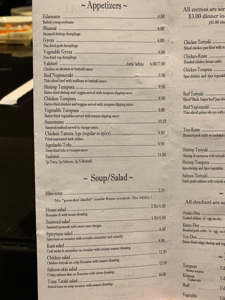 Menu at Taka Sushi restaurant, Westbury