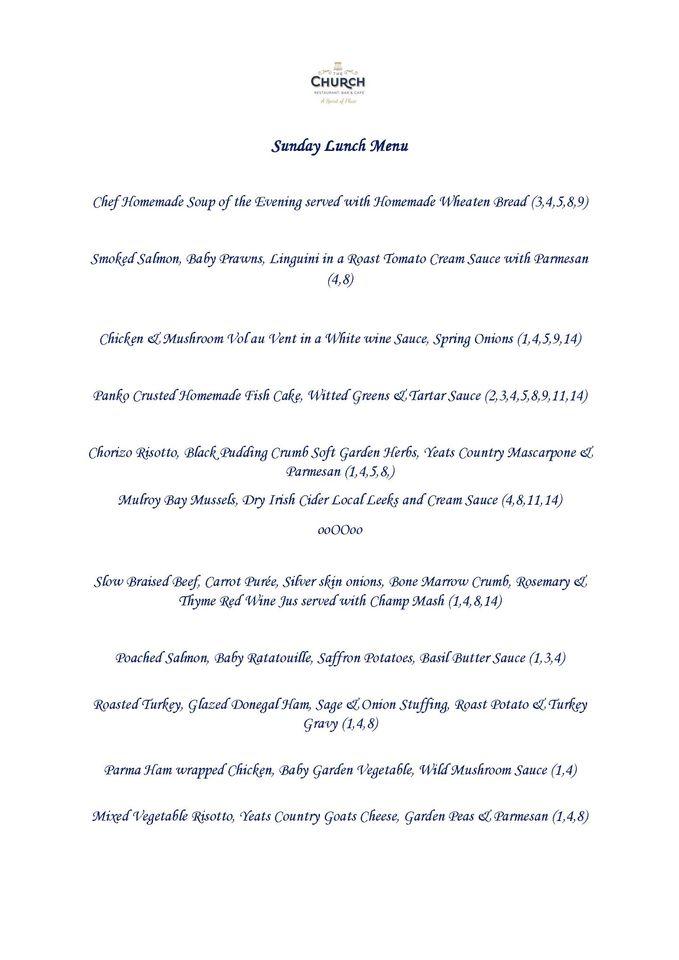 Menu at The Church Restaurant, Bar & Cafe, Letterkenny