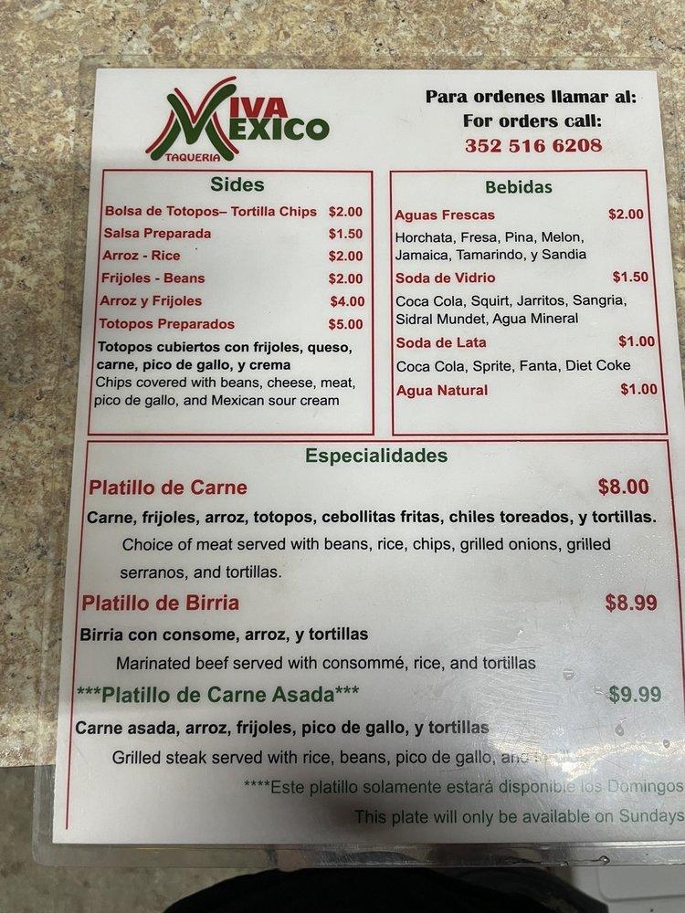Menu at Viva Mexico Taqueria restaurant, Summerfield