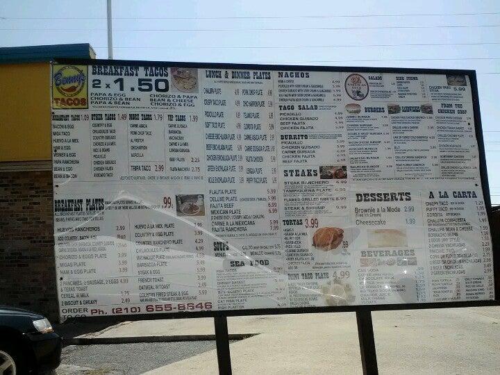 Menu at Benny's Tacos restaurant, San Antonio, Walzem Rd