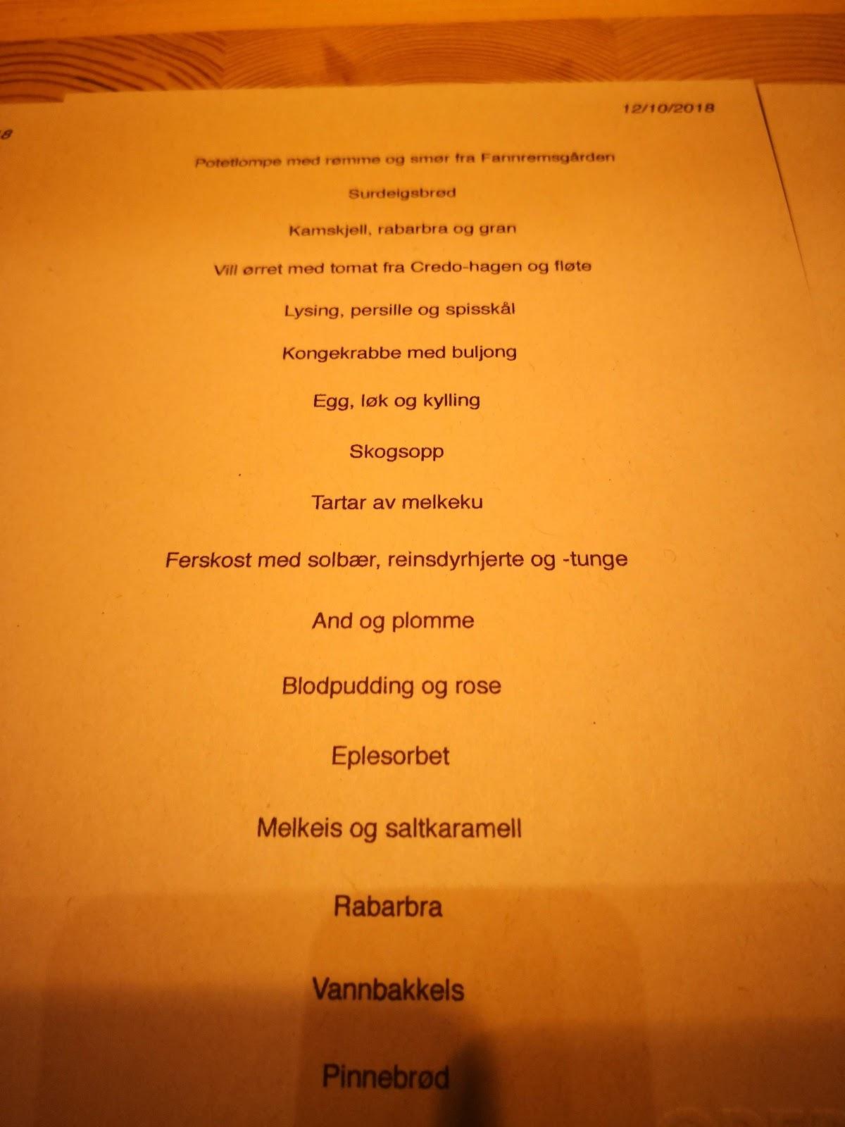 Carta de Credo restaurant, Trondheim, Ladeveien 9