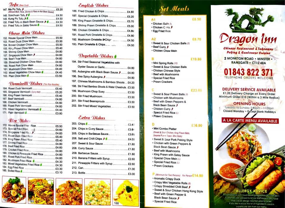 Menu at Dragon Inn restaurant, Margate