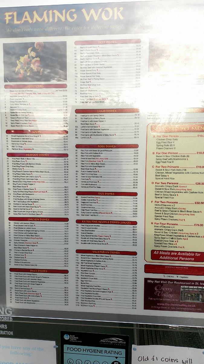 Menu at Flaming Wok fast food, Saint Ives