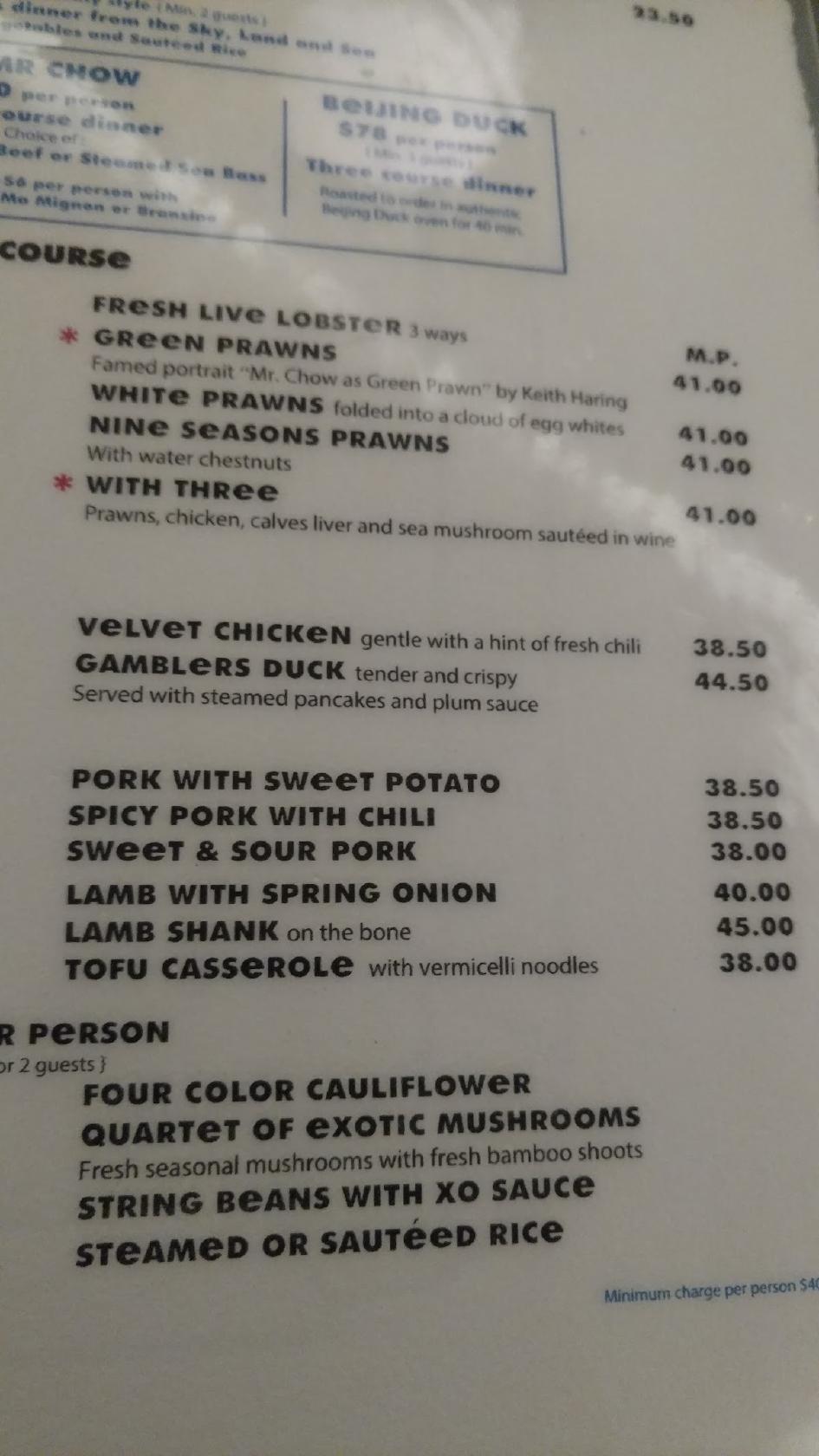 Menu at Mr Chow restaurant, New York City, 324 E 57th St
