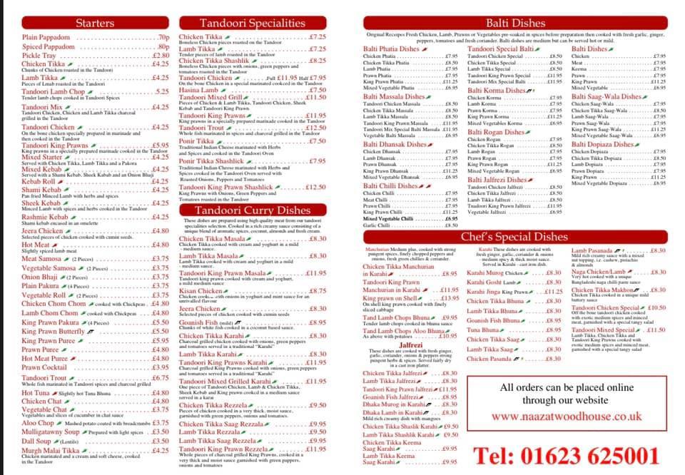 Menu at Naaz Indian Cuisine restaurant, Mansfield