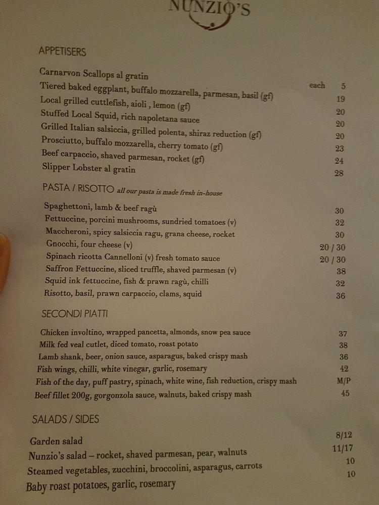 Menu at Nunzio's Restaurant, Fremantle