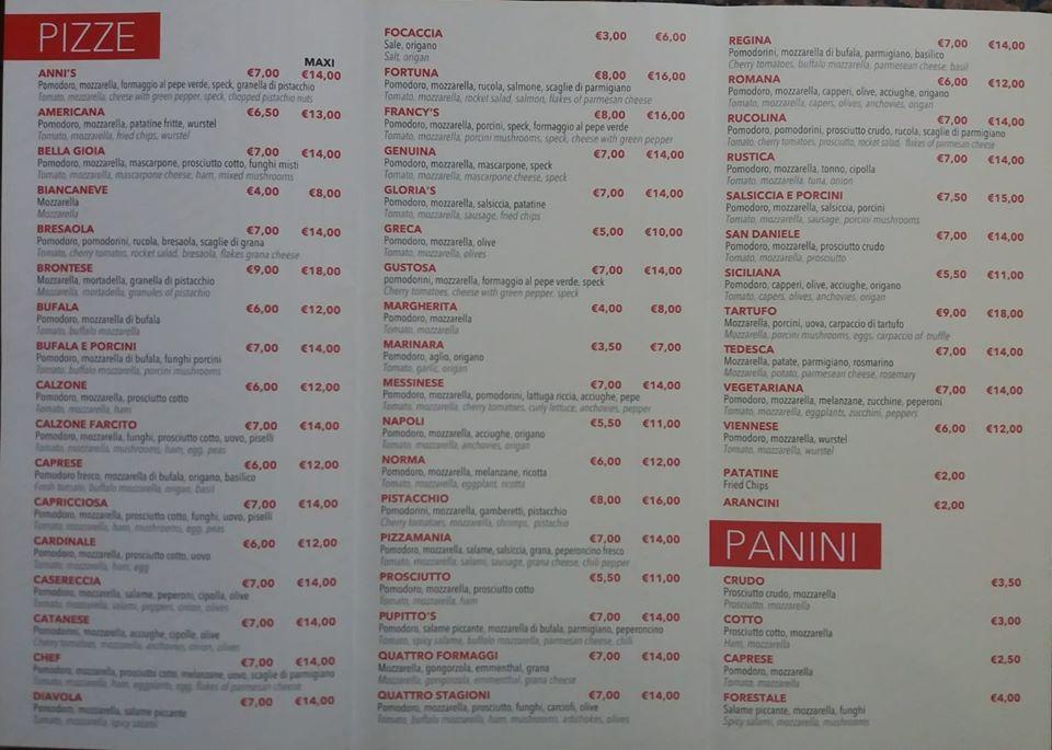 Menu at PizzaMania Taormina restaurant, Taormina