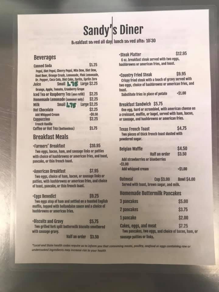 Menu at Sandy's Diner restaurant, Markesan
