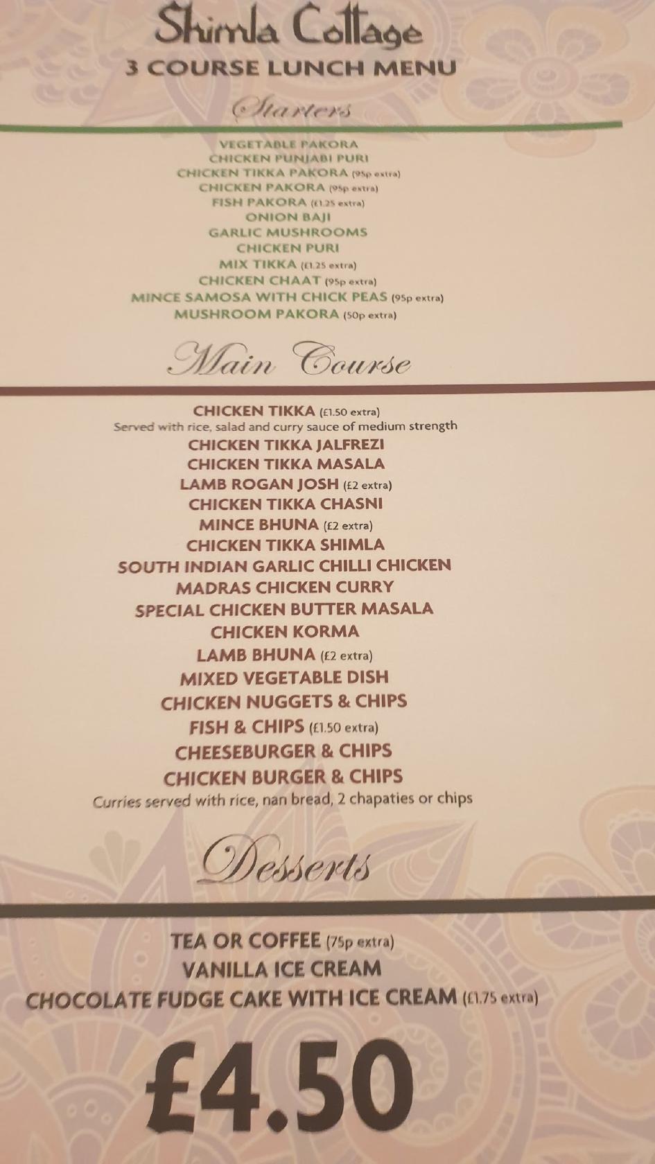 Menu at Shimla Cottage restaurant, Coatbridge