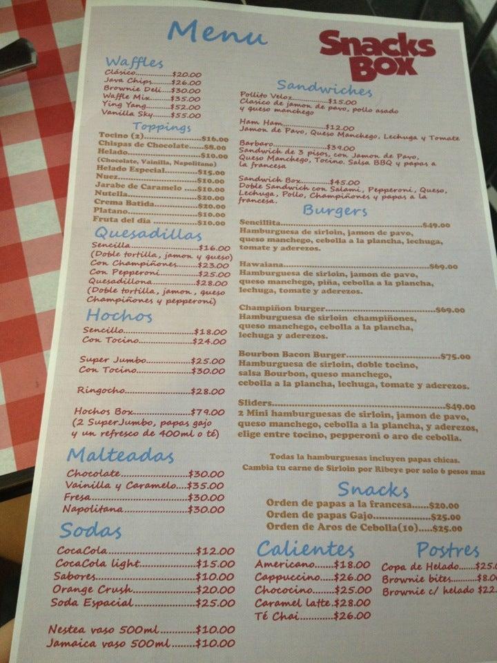 Menu at Snacks Box restaurant, Campeche