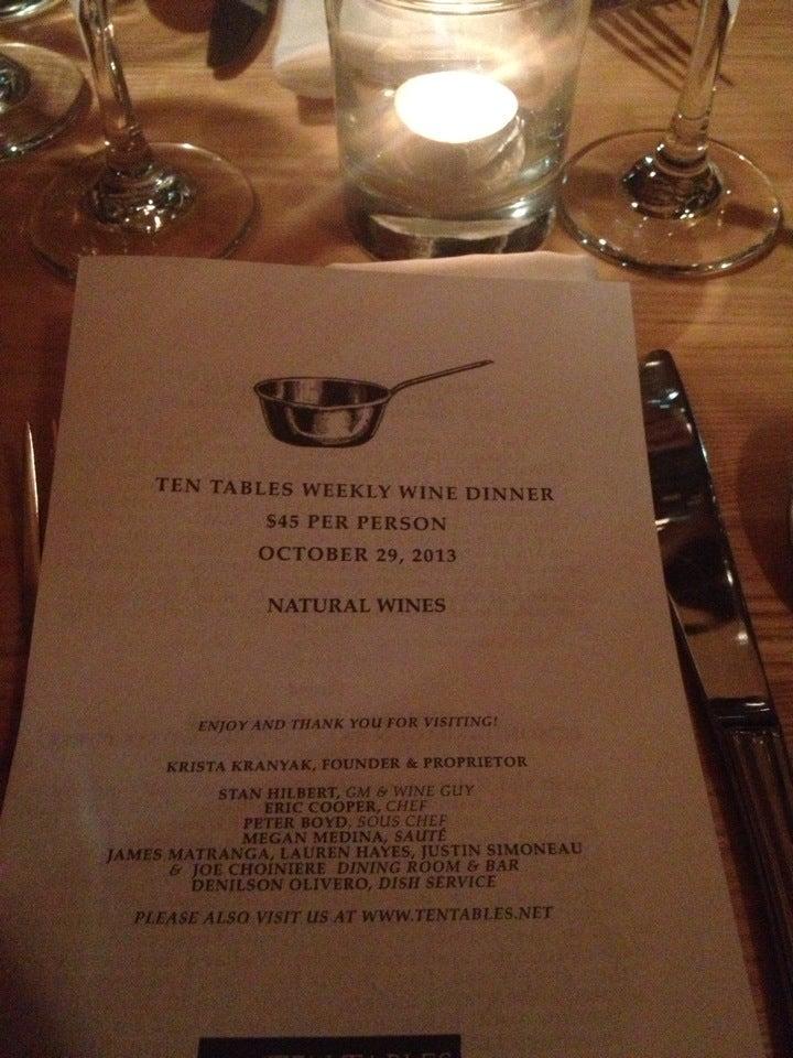 Menu at Ten Tables restaurant, Boston, 597 Centre St