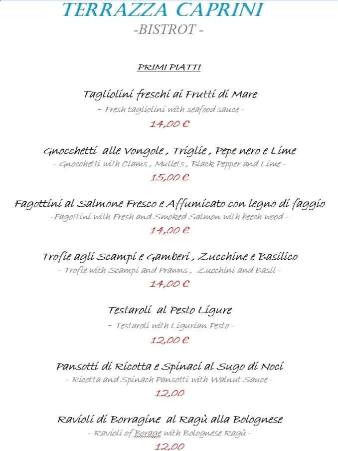 Menu at Terrazza Caprini Bistrot restaurant, Lerici