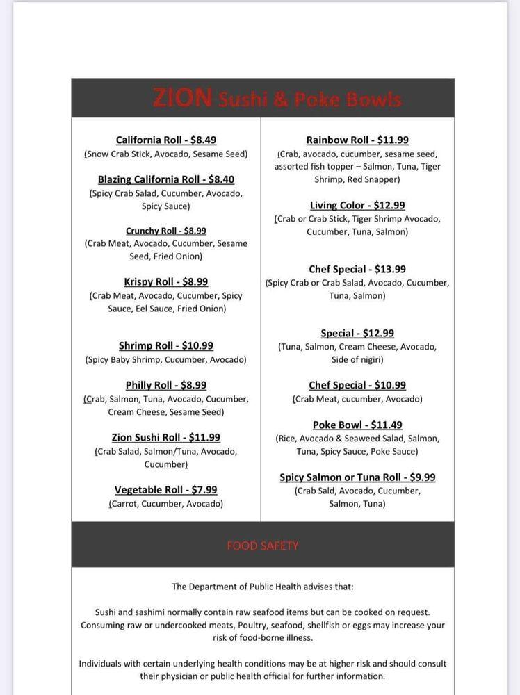 Menu at Zion Sushi & Poke Bowls restaurant, Oklahoma City