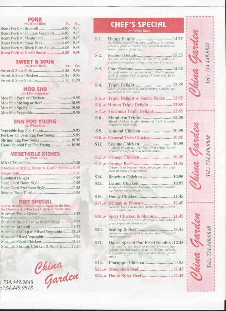 Menu at China Garden restaurant, Whitmore Lake