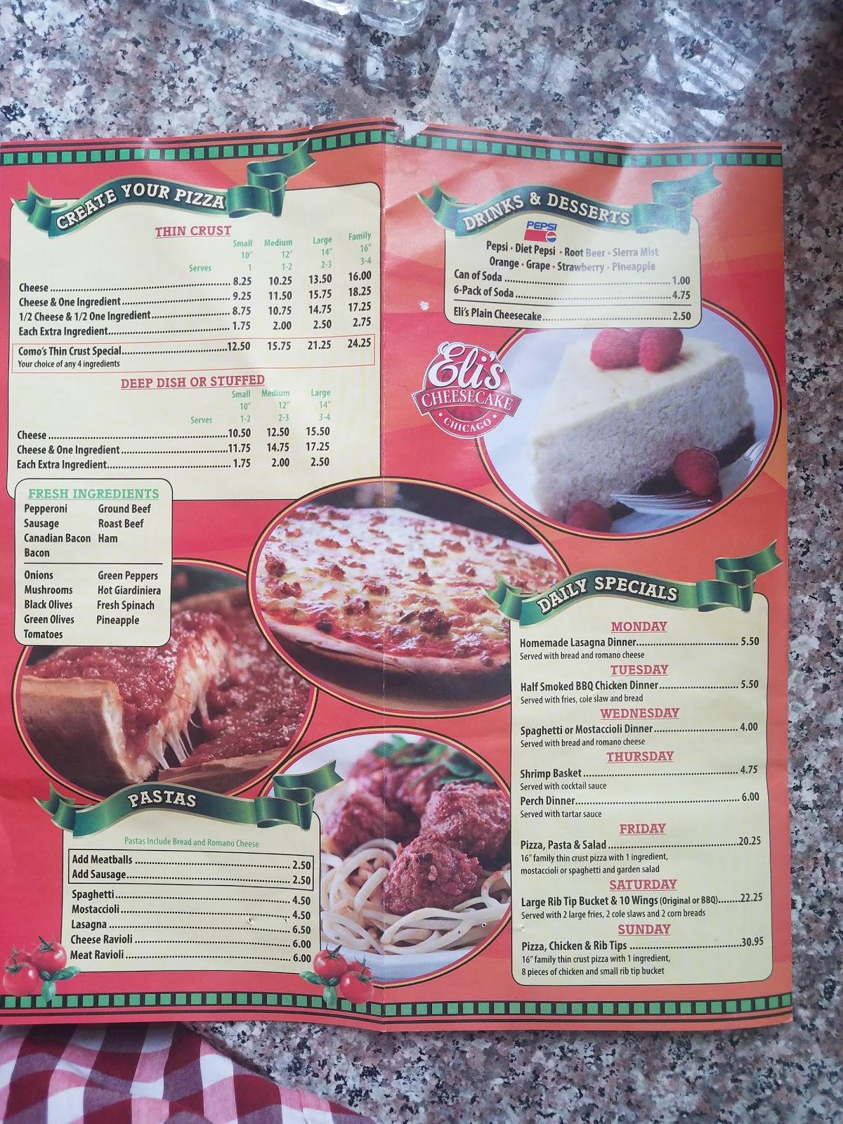 Menu at Como's Pizza pizzeria, Broadview