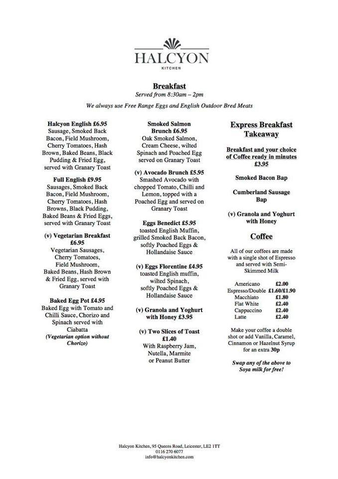 Menu at Halcyon Kitchen restaurant, Leicester