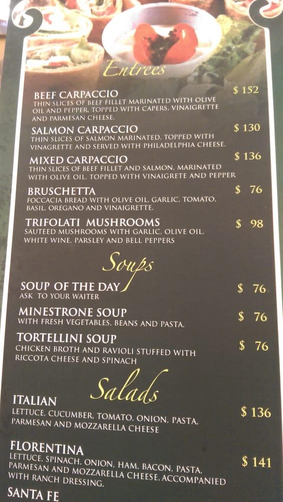 Menu at Presto restaurant, Cabo San Lucas