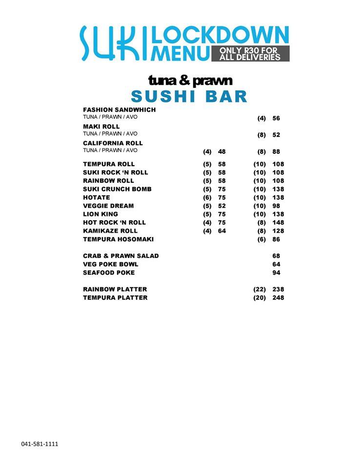 Menu au SUKI Sushi & Asian Cuisine restaurant, Port Elizabeth