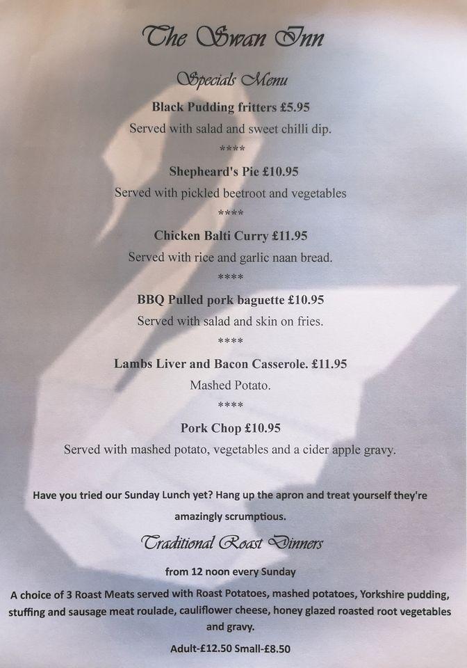 Menu at The Swan Inn pub & bar, Carleton