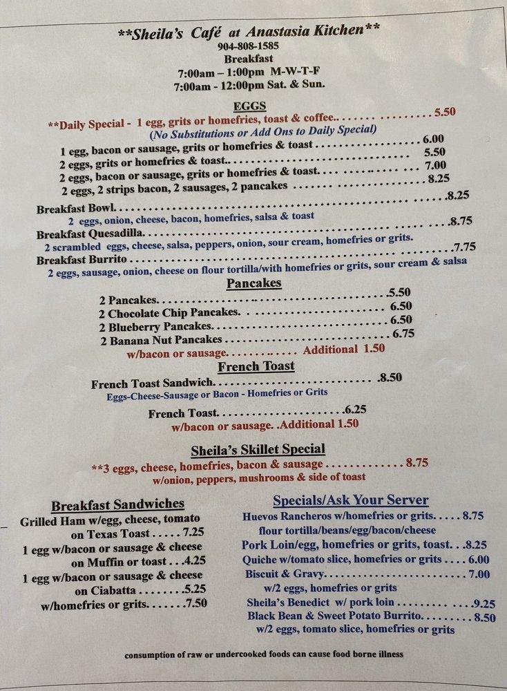 Menu at Anastasia Kitchen restaurant, St. Augustine