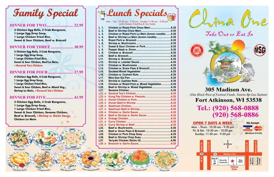 Menu at China One LLC restaurant, Fort Atkinson