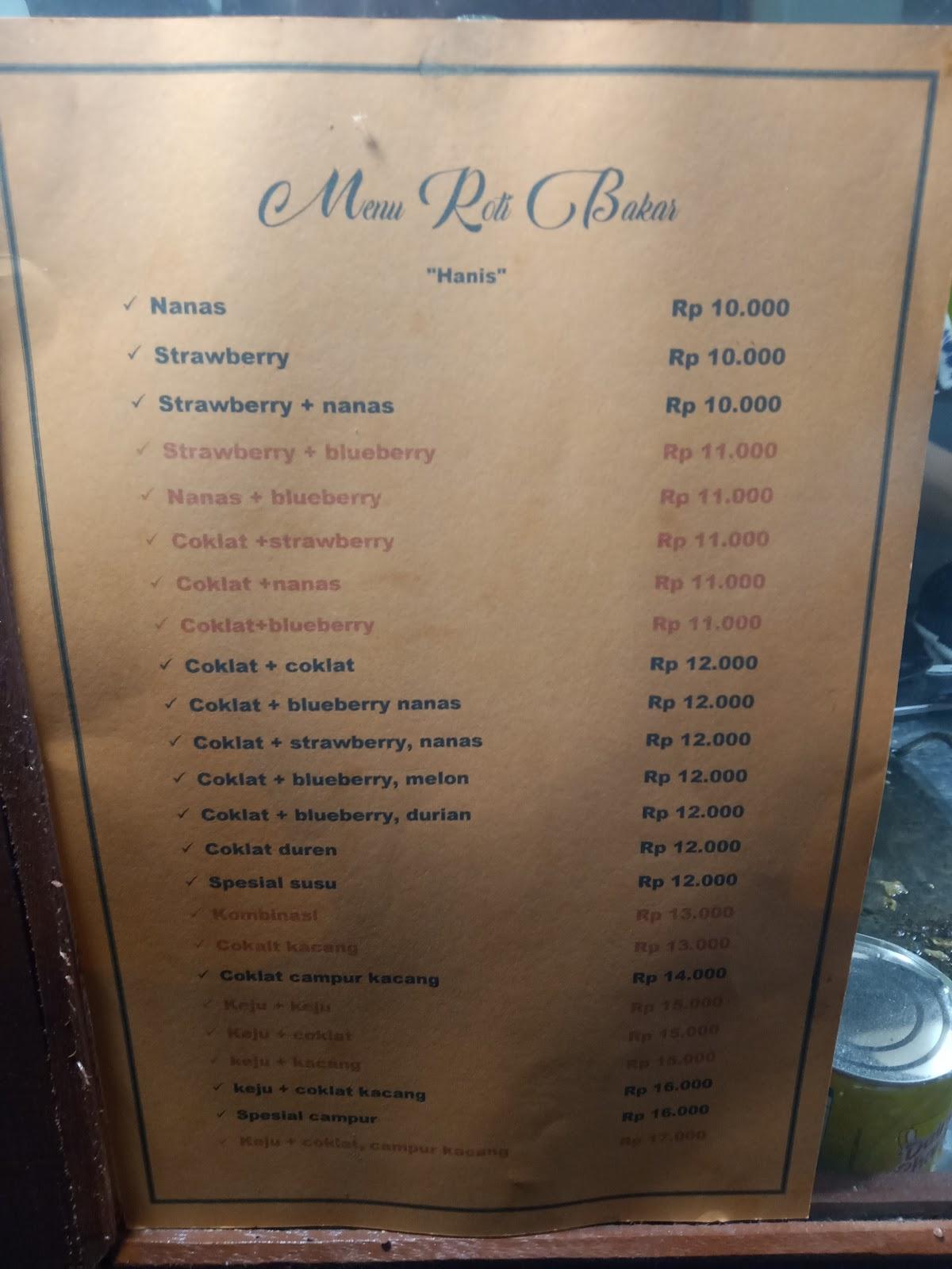 Menu at Roti bakar hanis cafe, Kebasen
