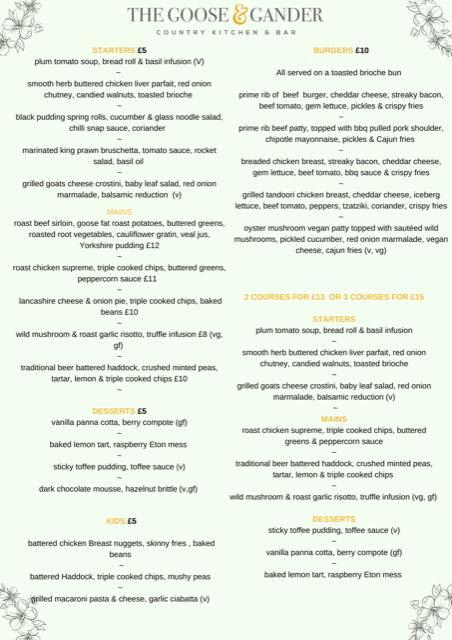 Menu at The Goose and Gander restaurant, Bolton