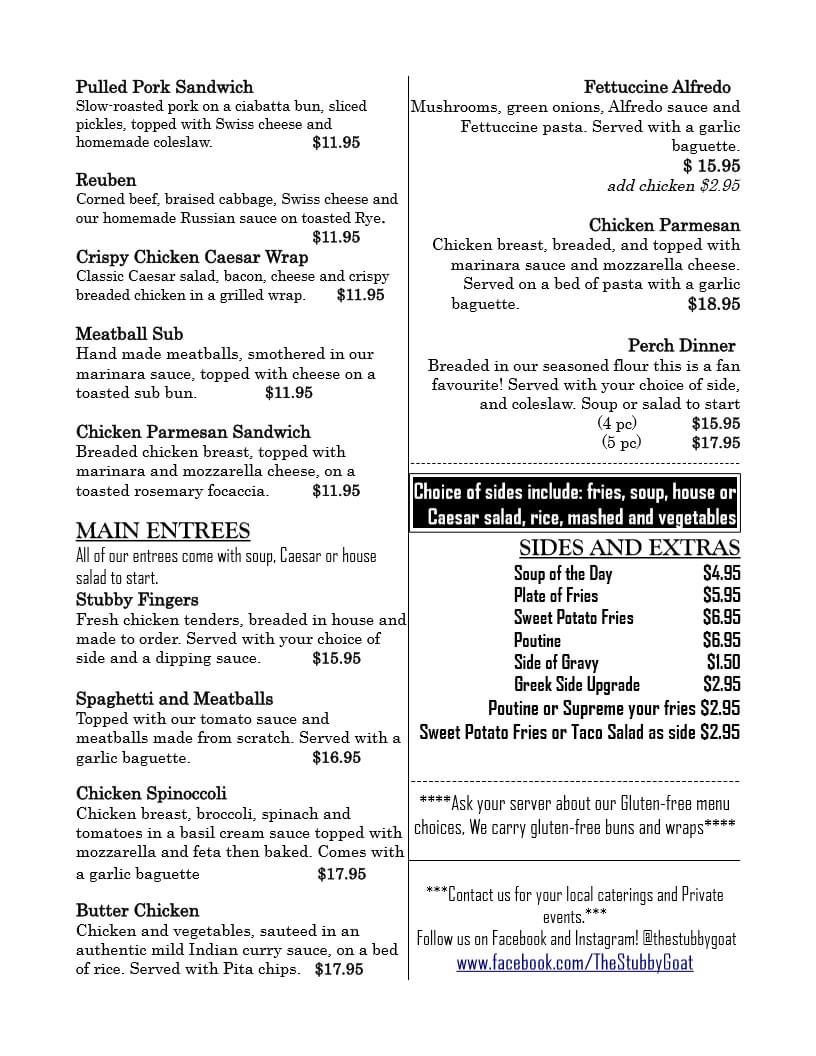 Menu at The Stubby Goat pizzeria, Chatham-Kent