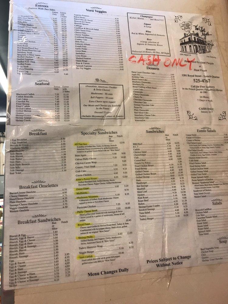 Menu at Verti Marte restaurant, New Orleans