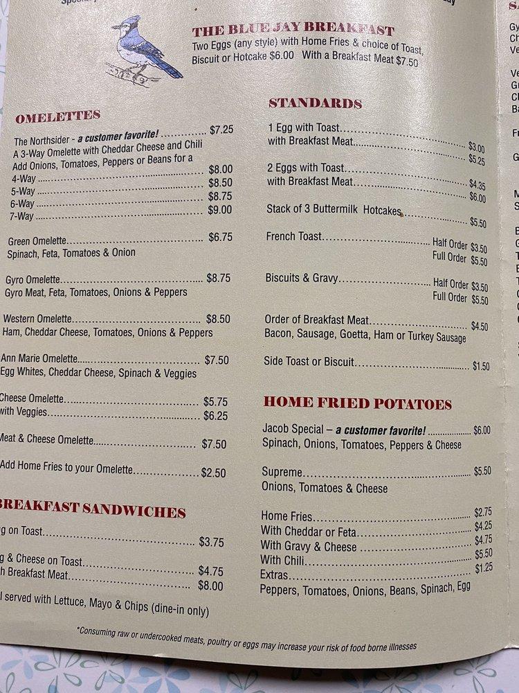 Menu at Blue Jay Restaurant, Cincinnati