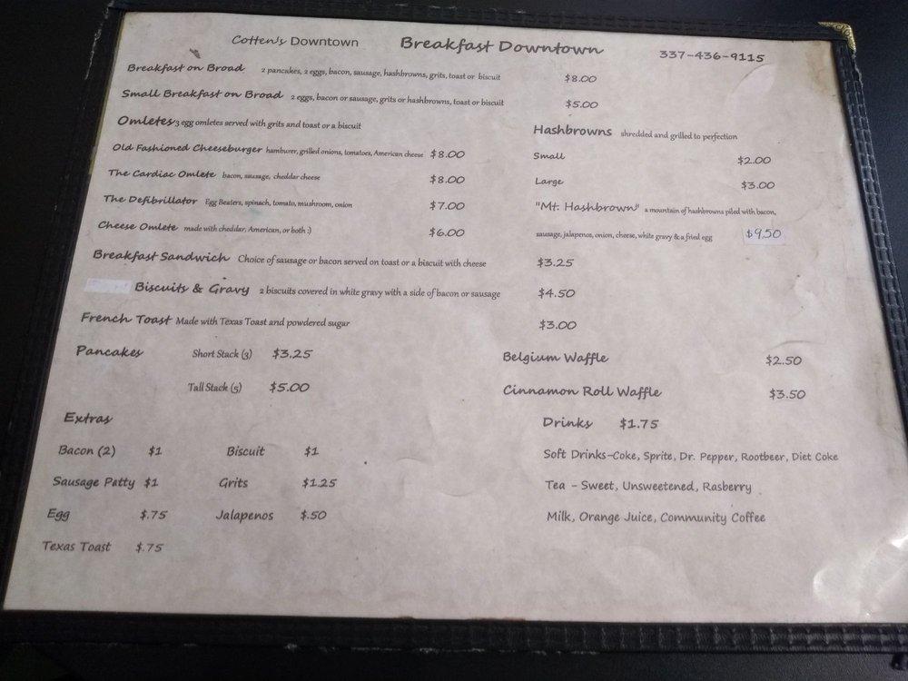 Menu at Cotten's Downtown restaurant, Lake Charles