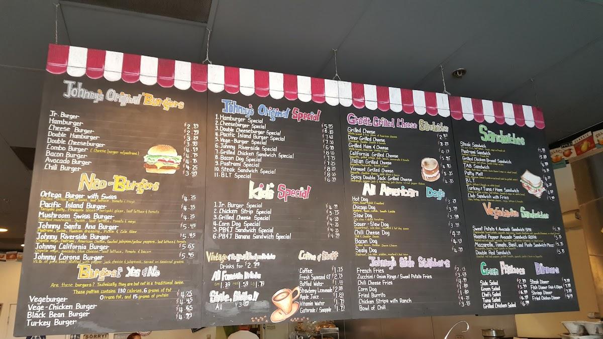 Menu at Johnny's Burgers restaurant, Riverside, Riverside Plaza Dr