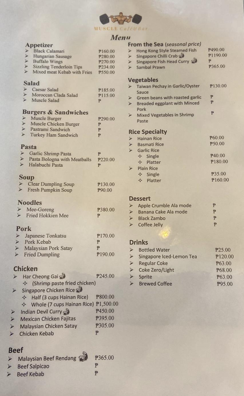 Menu at Muscle Cafe & Bar, Talisay City