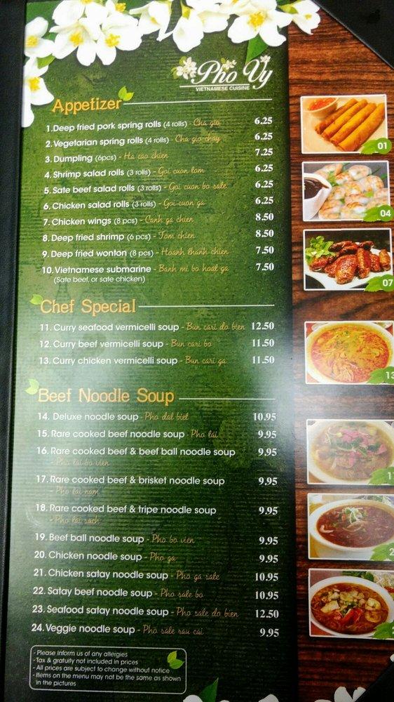 Menu at Pho Vy restaurant, Calgary