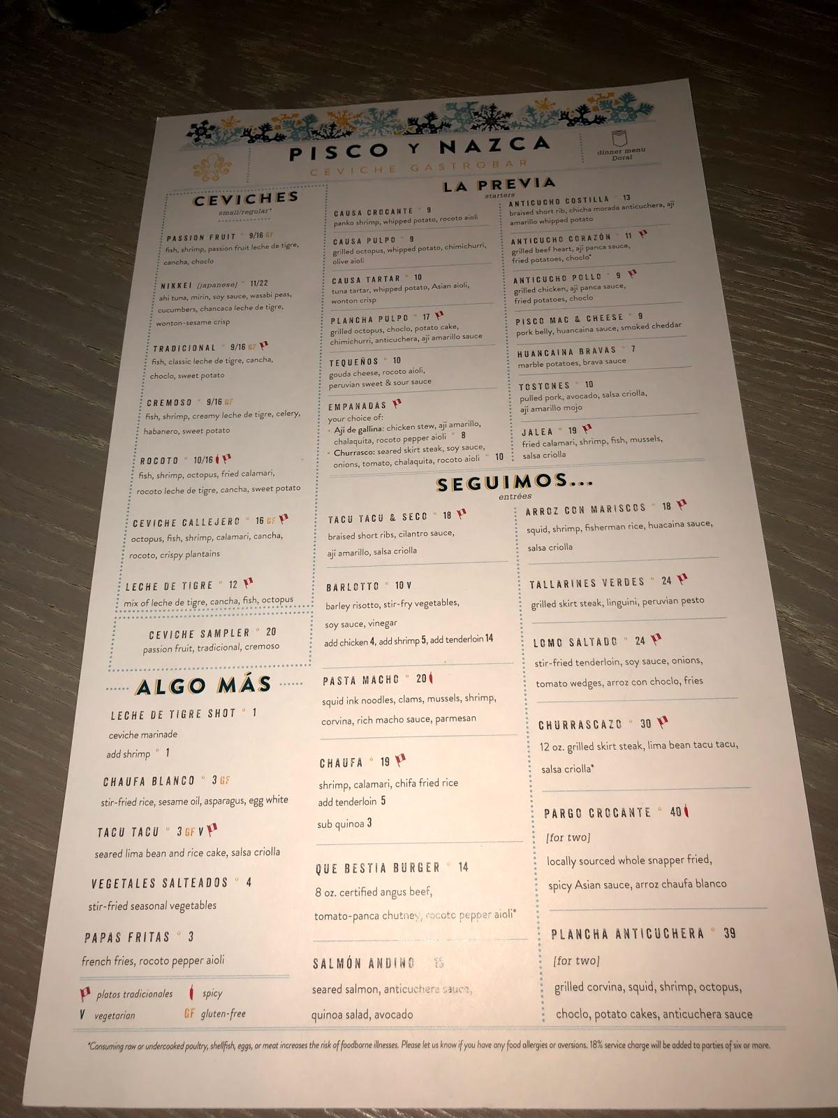 Carta de Pisco y Nazca Ceviche Gastrobar, Doral, NW 53rd St A101