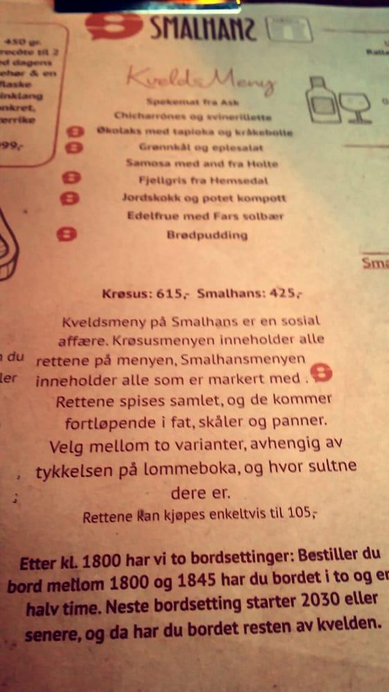 Menu at Smalhans restaurant, Oslo