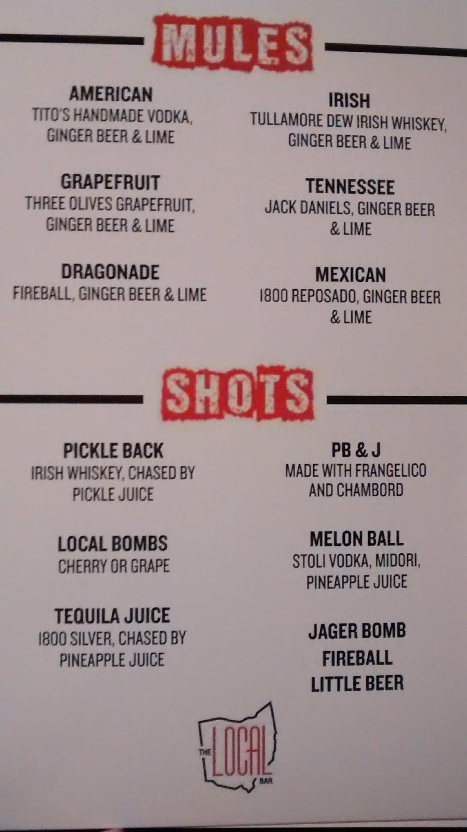 Menu at The Local Bar, Strongsville