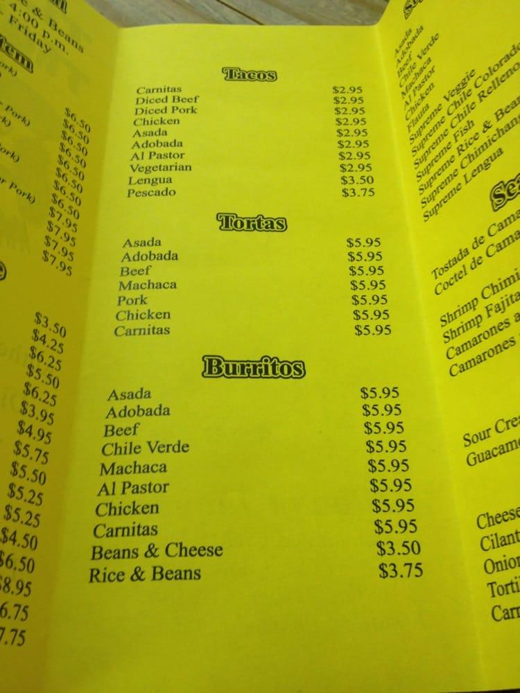 Menu at Tijuana Taqueria restaurant, Placerville