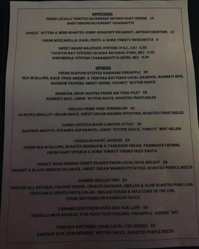 Menu at 18 below steakhouse, Waterville