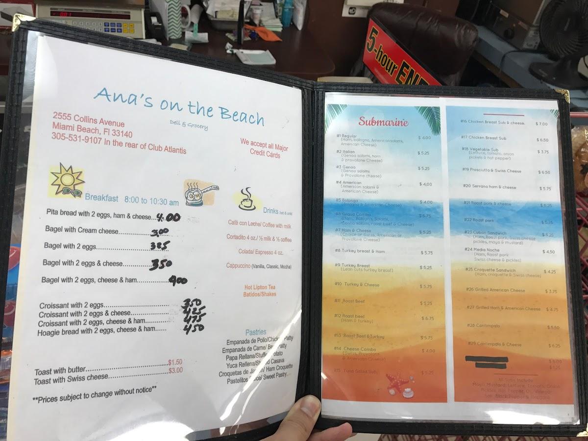 Menu at Ana's Market cafe, Miami Beach
