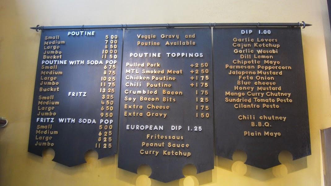 Menu at Fritz European Fry House fast food, Vancouver