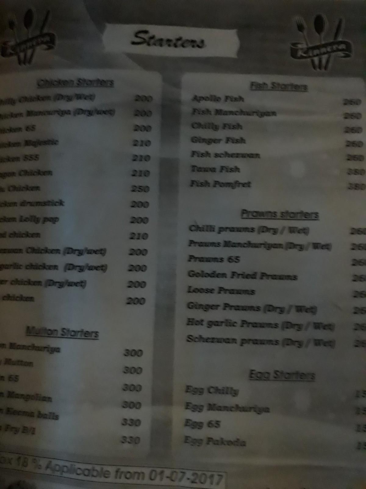 Menu at Kinnera Restaurant, Khammam
