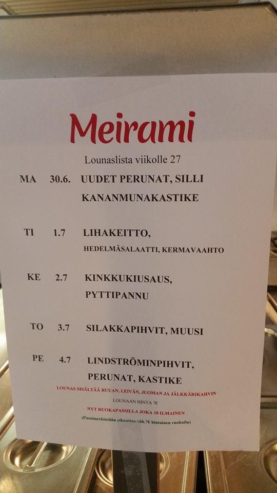 Menu at Ravintola Meirami, Finland