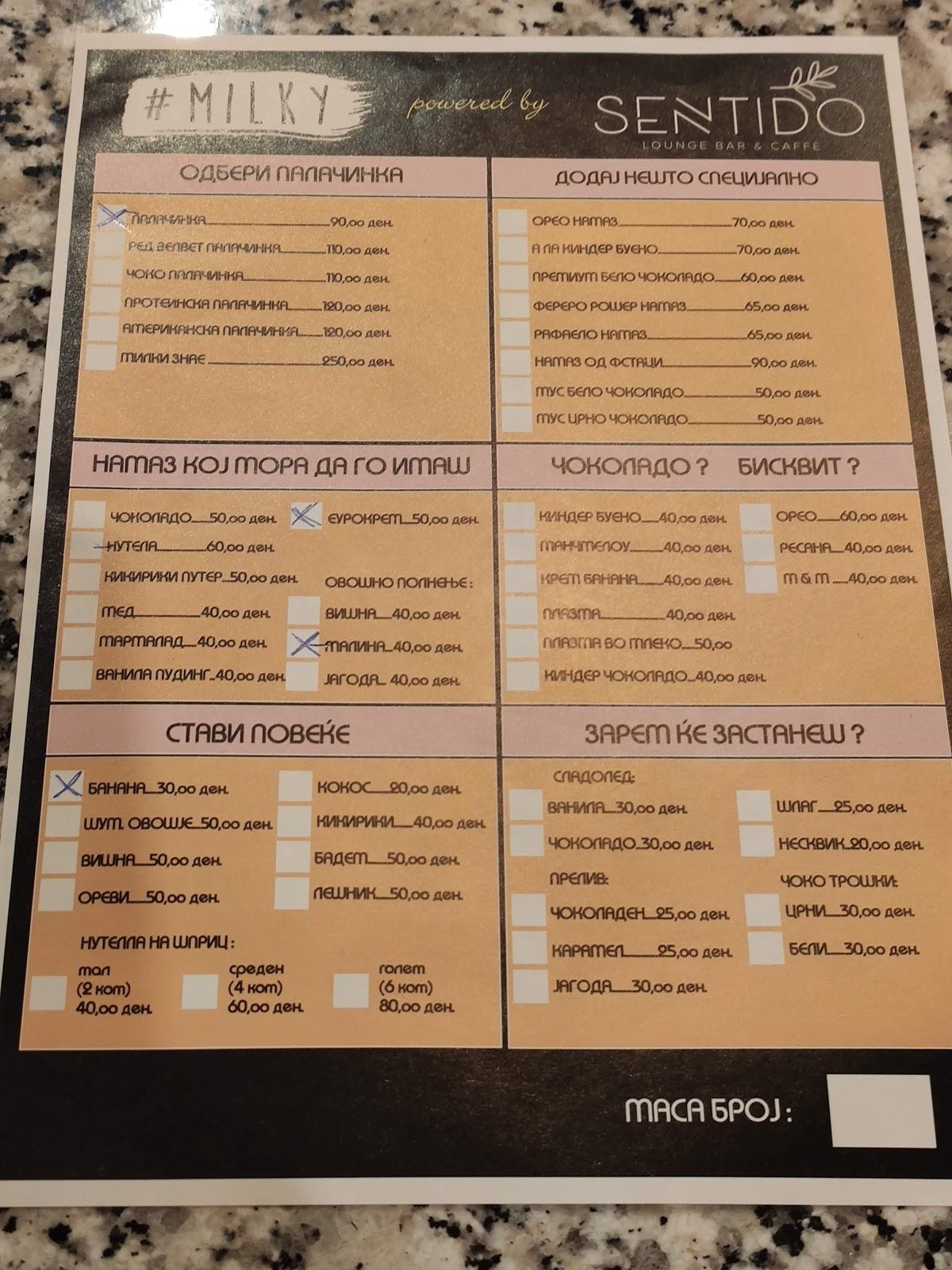 Menu at Restaurant Milky, Skopje